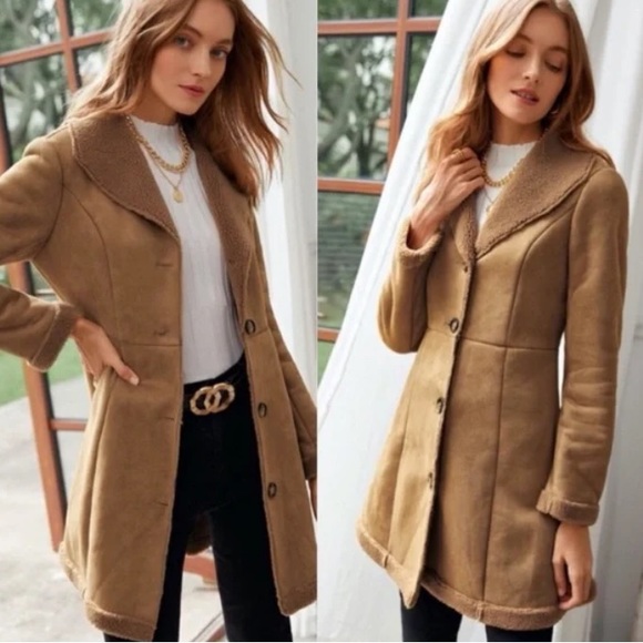 Accessories | Camel Shearling Lined Button Down Vegan Fur Trench Coat ...